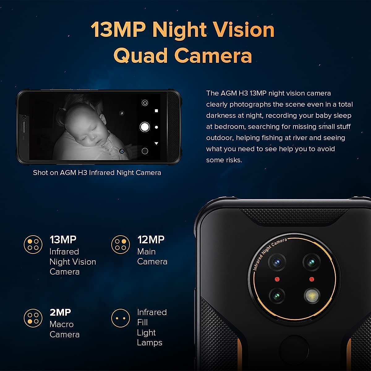 AGM H3 Rugged Smartphone, Rugged Phone Unlocked Android 11 4G LTE, 13MP Infrared Night Quad Camera, IP68/IP69K Waterproof, 5.7" HD+ Screen 4GB+64GB, 5400mAh Battery, 2W Loud Speaker/PTT/GPS/NFC Black