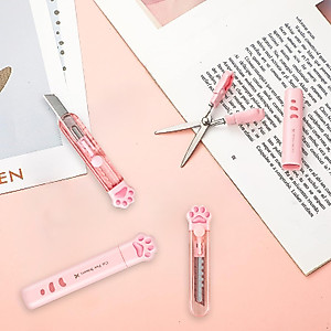 Cute Mini Craft Scissors, Pink Stainless Steel Scissors & Utility Knives, Folding Stationery Scissors with Safety Cover, Portable Safety Scissors and Utility Knives for Paper Cutting, Scrapbooking