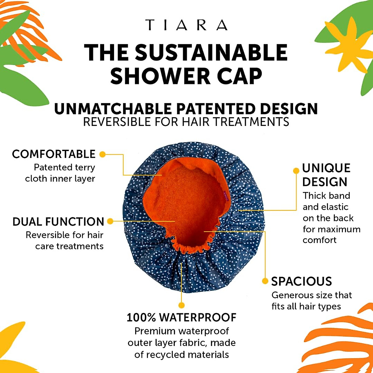 TIARA Luxury Shower Cap for Women Reusable Waterproof, Hair Cap for Long & Short Hair, All Size Flexi Adjustable Terry Lined Cloth Plastic Leakproof Soft, Breathable, Durable & Comfy (Dots Blue)