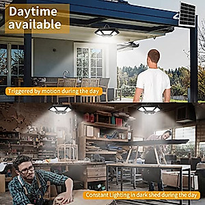 Yomisga Dual Head Solar Powered Shed Light Daytime Available Solar Pendant Lights Outdoor with Remote Control, Timer & Motion Sensor, 180 LED Solar Indoor Lights for Home, Shop, Garage, Barn…