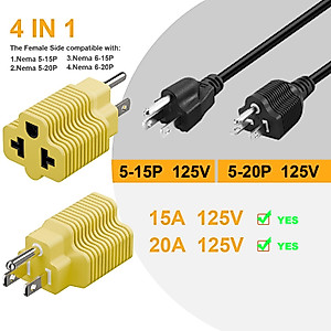 [4-in-1] 15 Amp Household AC Plug to 20 Amp T Blade Adapter,5-15P to 5-20R,5-15P to 6-15R,5-15P to 6-20R, 4 in 1 AC Power Adapter,15A 125V to 20A 250V Adapter (Yellow, 1)