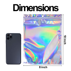100 Pack Resealable Smell Proof Mylar Bags - Holographic 8 x 10 Inch Ziplock Pouch for Food Storage, Cookies, Jewelry Packaging
