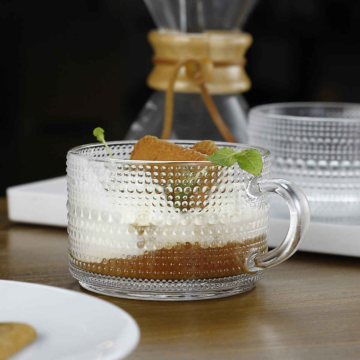 LUXU Vintage Coffee Mugs 14 oz Set of 4 Glass Tea Cups Stackable Glass Coffee Cups,Cute Coffee Bar Accessories,Iced Coffee Glasses,Clear Embossed Glass Cups for Cappuccino,Latte,Cereal,Yogurt,Milk