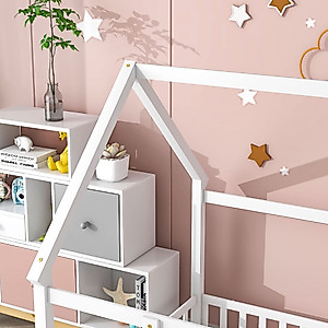 i-POOK Full Size House Bed Wooden Floor Bed with Roof and Fence Guardrails Montessori Bed Playhouse Bed for Children Girls and Boys, White(No Bed Slats)