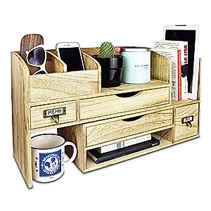 Ikee Design Large Extendable Wooden Desktop Organizer for Office Supplies, Storage Shelf Rack Book Shelf, Stationary Compartment Holder, 17 1/4" W x 7 1/2" D x 12" H