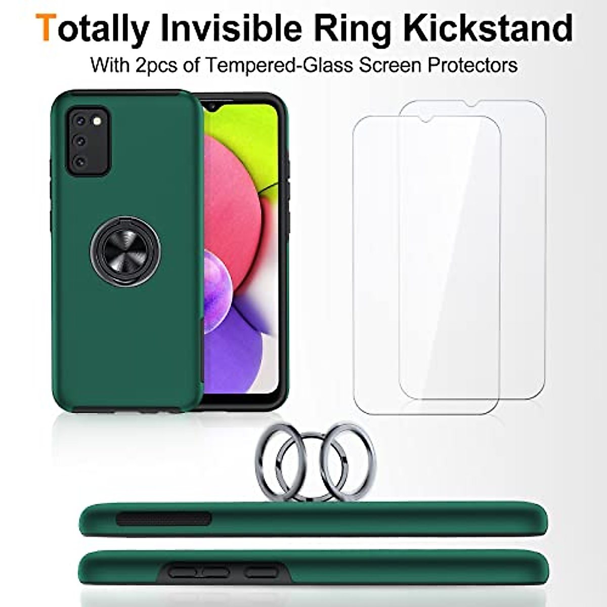 JAME for Samsung A03s Case, Samsung Galaxy A03s Case with Screen Protector[2 Pcs], Slim Soft Shockproof Phone Case with Rotation Kickstand [Magnetic Car Mount Feature] for Glaaxy A03s Case-Green