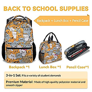 XaocNyx Cat Backpack with Lunch Box and Pencil Case Set, 3 in 1 Matching Girls Boys Colorful Backpacks Combo, Cute Bookbag and Pencil Case Bundle