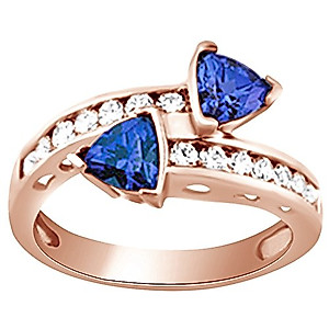 AFFY 1.42 cttw Simulated Blue Sapphire & White Natural Diamond Bypass Engagement Wedding Ring in 14k Rose Gold Ring Size 12.5