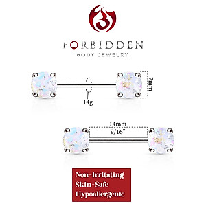 Forbidden Body Jewelry Pair of Surgical Steel 9/16 Inch (14mm) Glittery Faux Opal Stone Sexy Nipple Barbells, Clear