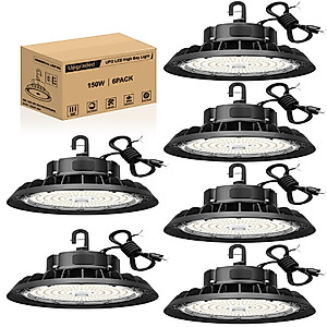 JC-LGL UFO LED High Bay Light 150W 6 Pack, High Bay LED Shop Light 22,500LM 0-10V Dimmable, 5' Cable with US Plug, Hanging Hook, Safe Rope, ETL Listed High Bay Light for Warehouse Factory Barn Shop