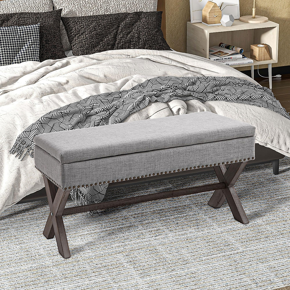 HOMCOM 35.75" Storage Ottoman, Upholstered Storage Bench with Hidden Space, Nailhead Trim and X-Shaped Wood Legs, for Living Room, Entryway, Bedroom, Grey