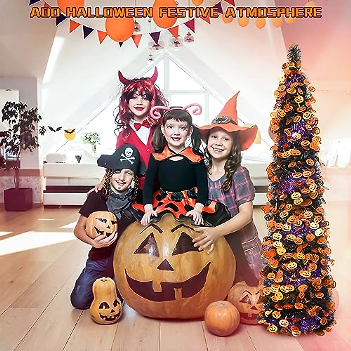 Halloween Pumpkin Tree with 50 Lights,5ft Pop Up Pencil Collapsible Tinsel Halloween Christmas Trees Decorations Indoor for Home Door Porch Bedroom Decor Holiday Party,WOKEISE
