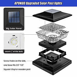 APONUO Deck Post Lights Solar Powered,6x6 Post Cap Solar Light 2 Color Mode Outdoor Waterproof for Fence Post Caps 4x4,6x6 Wood&4x4 5x5 Vinyl Deck Post Caps,Black,12 Pack