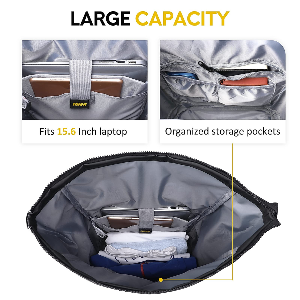 MIER Rolltop Travel Backpack for Men Women Water Resistant Carry on Casual Commuter Back Pack with Multiple Pockets for Work Business College Trip, 23L, Black