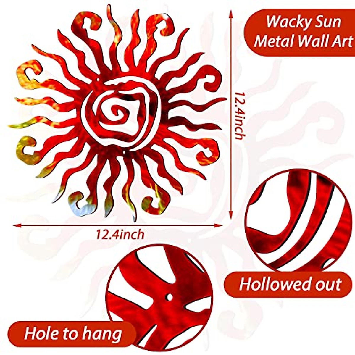 Moxweyeni 12 Inch Outdoor Wall Art Decor Wacky Large Sun Wall Art Decor Copper Wall Art Sun Metal Wall Decor Pool Decorations for Home Bedroom Living Room Office Garden (Red)
