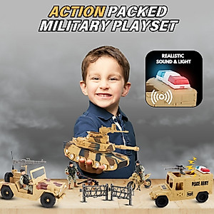 Liberty Imports 42 PCS Military Base Toy Combat Zone Playset - Battle Site with Tanks, Boat, Motorcycle, Trucks, Army Men Soldier Action Figures, Weapons, and Accessories for Kids