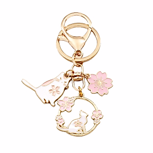 Fuqimanman2020 Cute Metal Rabbit Keychain Pink Red Drop Oil Cherry Blossom Rabbit Keychain for Women Gift-Cat