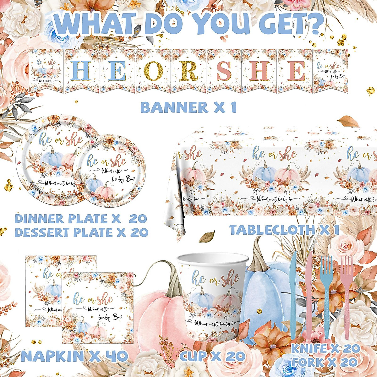 Pumpkin Gender Reveal Decorations Tableware, 142 Pcs Fall Gender Reveal Decorations includes He Or She What Will Our Pumpkin Be Plates and Fall Napkins, Pumpkin Gender Reveal for Fall Baby Shower