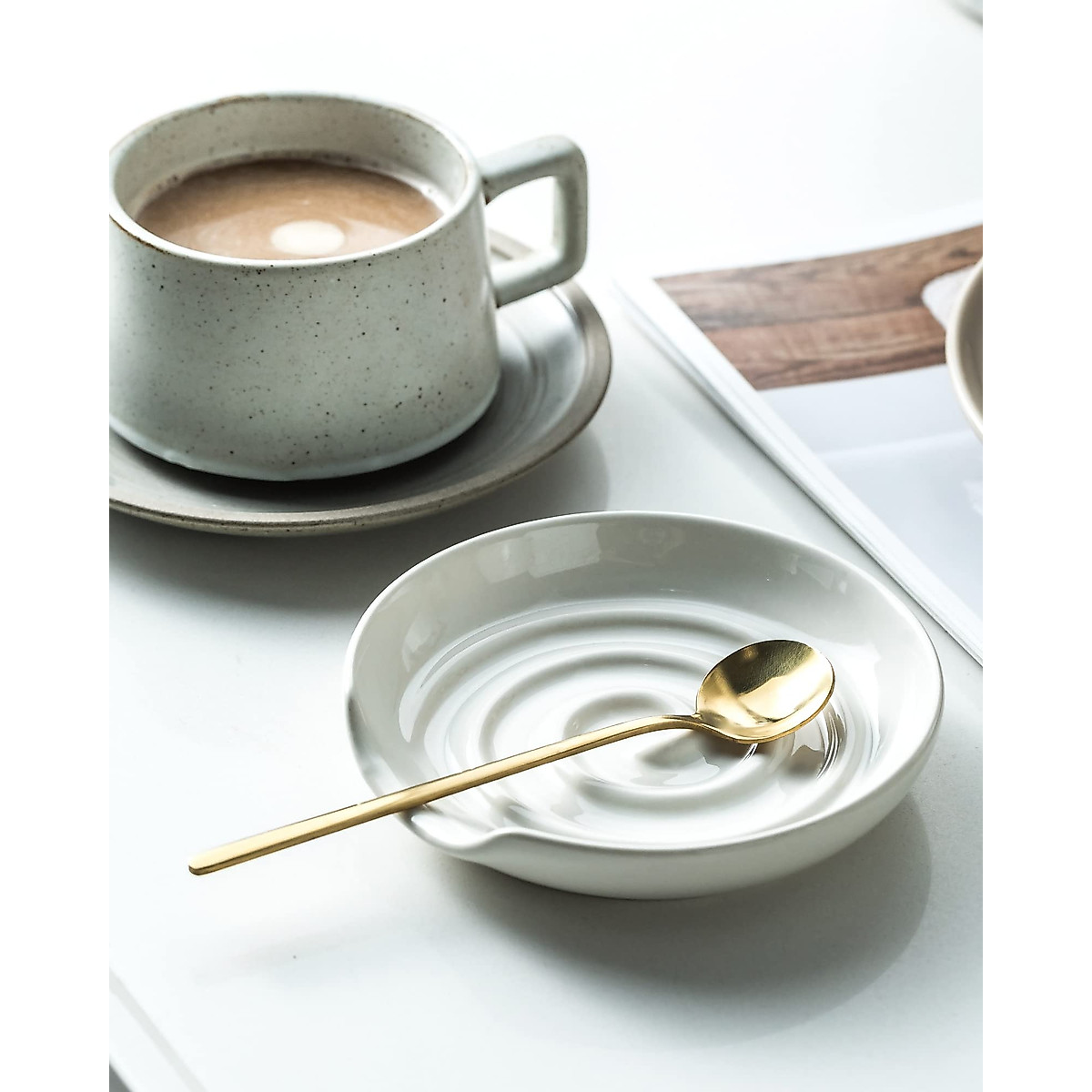 LYEOBOH Spoon Rest for Stove Top, 5 Inch Ceramic Spoon Rest, Spoon Holder for Kitchen Counter, Coffee Spoon Rest Utensil Rest for Spatulas, Spoons, Tongs, Ladles, Kitchen Decor, Cream White