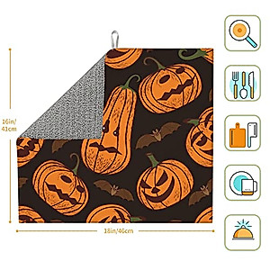 Halloween Pumpkin Printed Drying Mat For Kitchen Ultra Absorbent Microfiber Dishes Drainer Mats Non-Slip Silicone Quick Dry Pad - 18 X 16inch