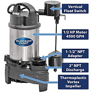 Superior Pump 92571 1/2 HP Stainless Steel and Cast Iron Sump Pump with Vertical Switch, .5 hp