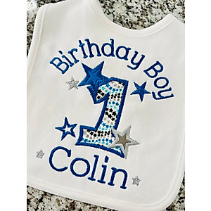 Fantasy Kids Designs First Birthday Boy Bib Smash Bib for Baby Boy Personalized with Custom Name (White Bib/Royal Blue)