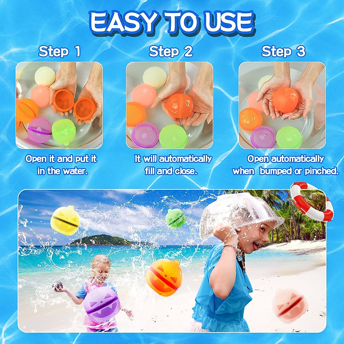 Hiliop 12PCS Reusable Water Balloons Quick Fill & Self Sealing, Latex-Free Silicone Magnetic Splash Water Balloon for Kids