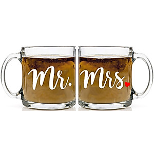 Funnwear Mr and Mrs Couple Mug Set 2 Mugs - His And Her Couple Mugs, Mr and Mrs Anniversary Wedding Engagement - 13oz Glass Mug Set