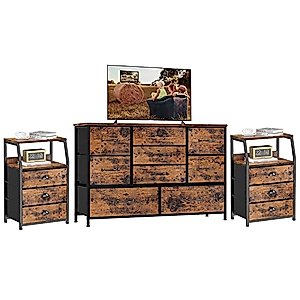 Furnulem Wide Dresser with 9 Large Drawers for 55'' Long TV Stand Entertainment Center, Nightstand with 3 Drawers and 2-Tier Shelf