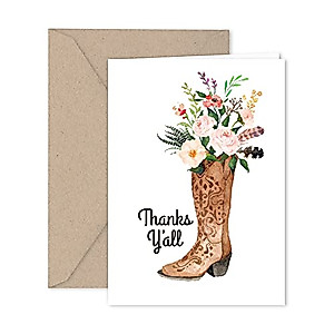 Paper Frenzy Western Thanks Y'all Thank You Note Cards and Kraft Envelopes - 25 pack