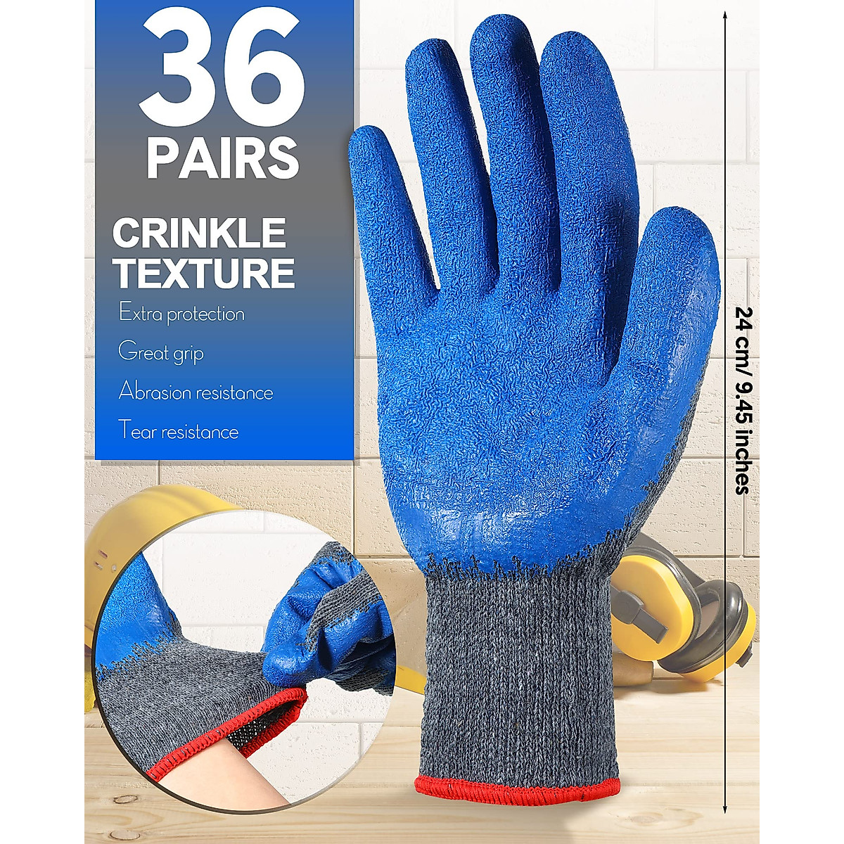 Haysandy 36 Pairs Rubber Latex Double Coated Gloves Large Gardening Gloves Blue Construction Gloves for Men Rubber Coated Gloves for Outdoor