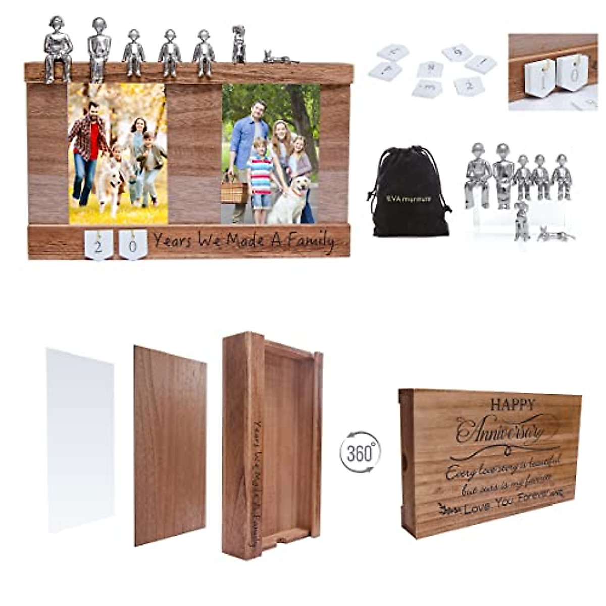 EVA murmure Personalized Romantic Wedding and Anniversary Keepsake Box with Family Statue - Wooden Memory Picture Box for Cherished Keepsakes and Ticket Storage - Elegant House Decor and Couple Gift