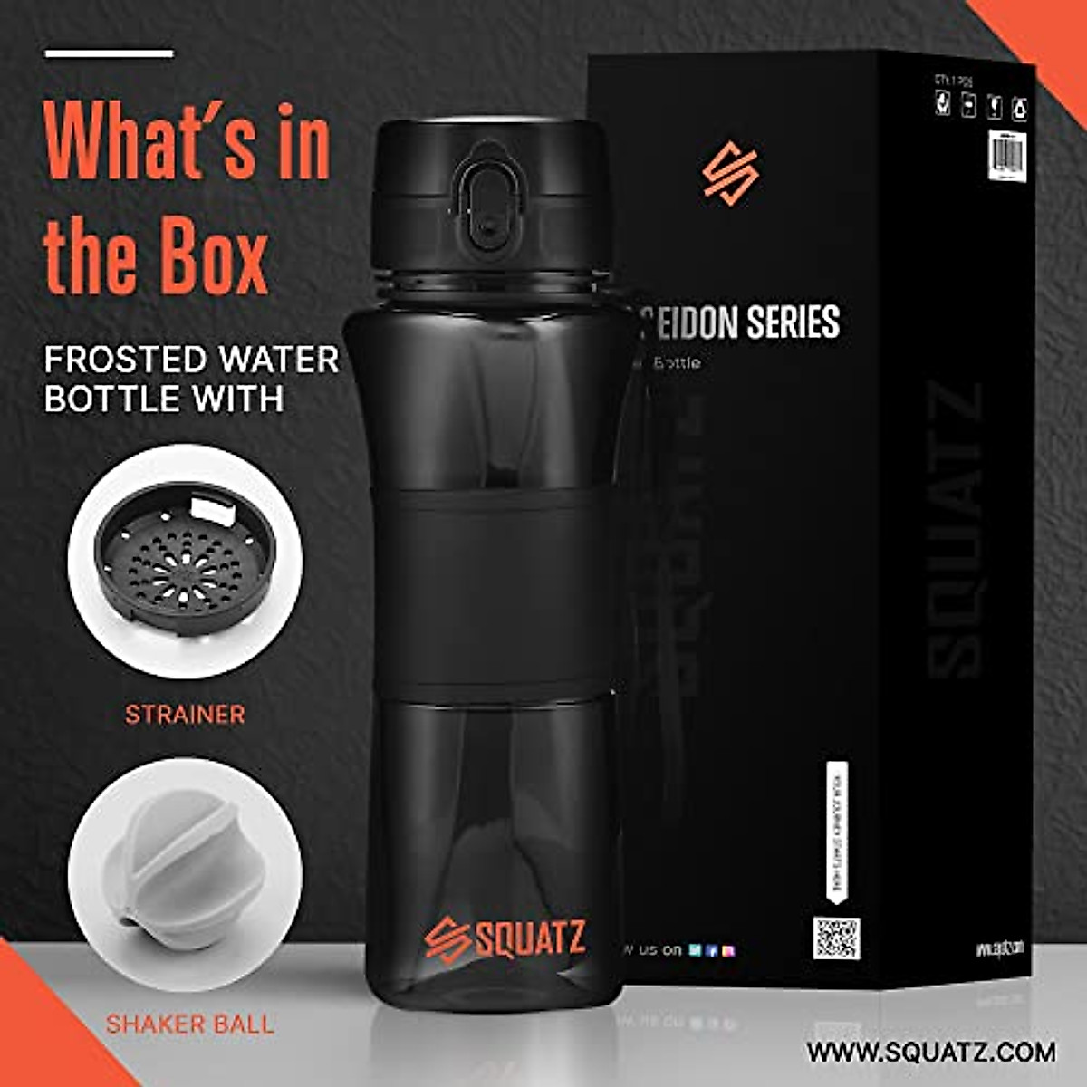 SQUATZ 24 Oz Poseidon Series Water Bottle with Shaker Ball - Premium Quality Wide Mouth Gym Flask w/Fruit Infuser Strainer, Fixed Buckle Carrying Strap, Leak Resistance, Zero Condensation Sleeve