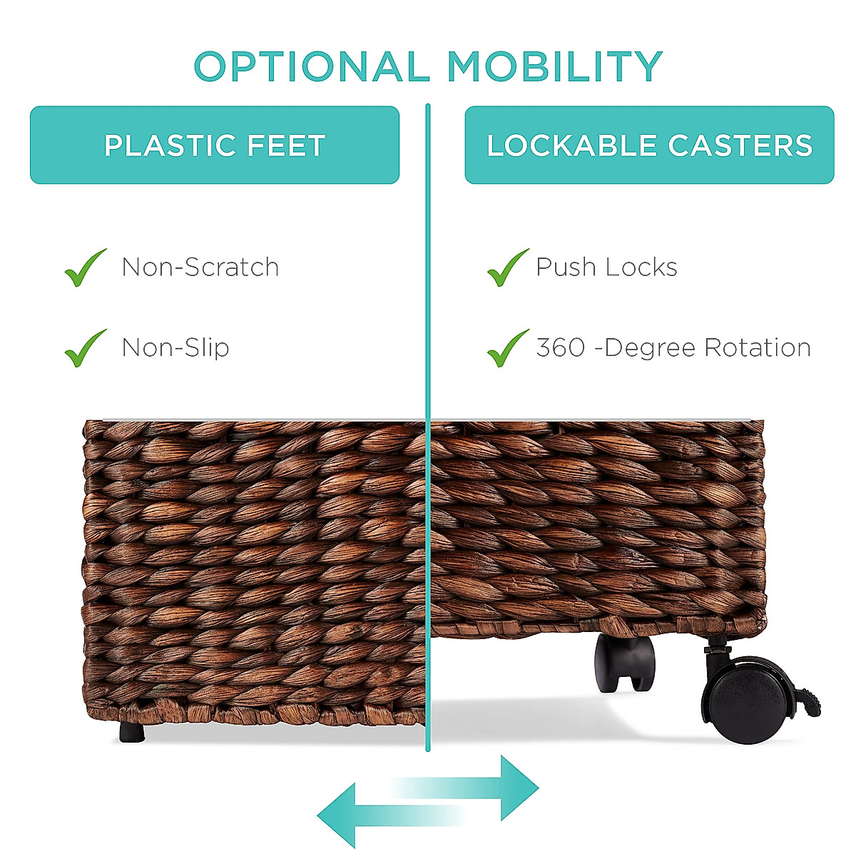 Best Choice Products Water Hyacinth Rolling Filing Cabinet, Woven Mobile Storage Basket, Portable File Organizer for Legal & Letter Size Memos w/Lid, 4 Locking Wheels - Brown