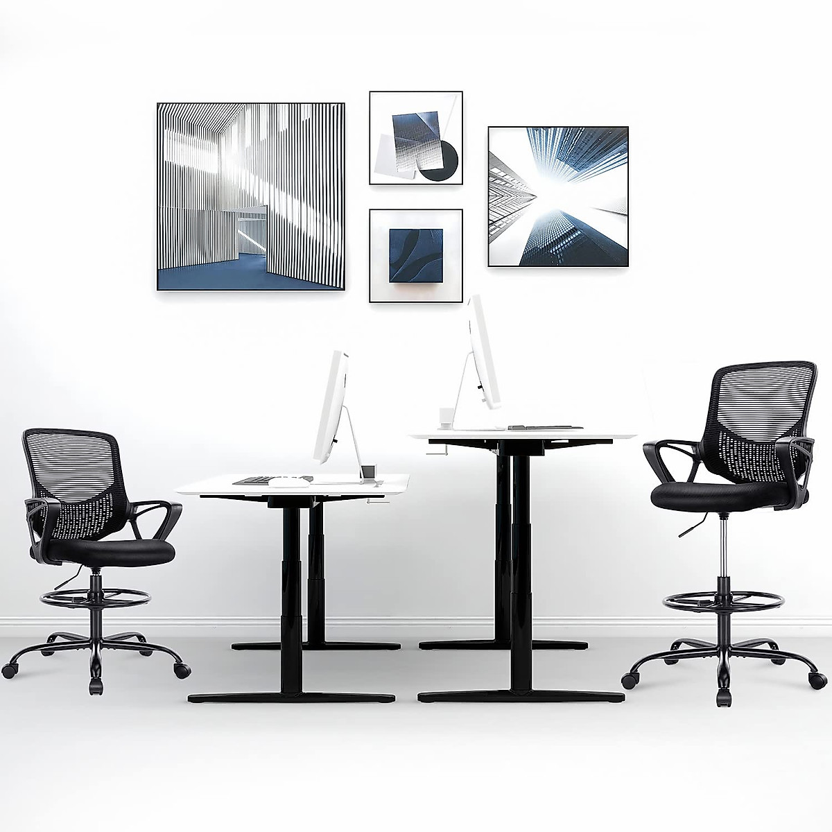 SMUG Drafting Chair Tall Office Chair, Standing Desk Chair Counter Height Office Chairs, Mid Back Mesh Office Drafting Chairs with Armrest, Height Adjustable Foot Ring, Black