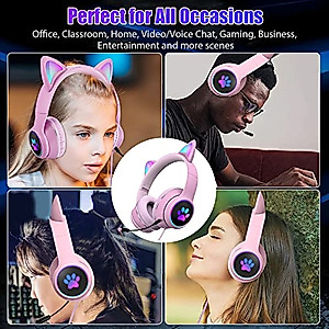 Atrasee Stereo Gaming Headset for PS4 PC PS5 Xbox One Nintendo Switch, Wired Cat Ear Headphones with Mic, Surround Bass, Soft Earmuffs, Noise Cancelling Over Ear Headphones for Girls Kids, Pink