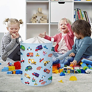 Clastyle 45L Cartoon Car Nursery Laundry Basket Blue Drawstring Collapsible Laundry Hamper with Handle Waterproof Toys Storage Basket for Kids Room, 14 * 17.7 in
