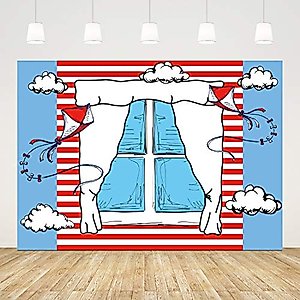 Ticuenicoa 7x5ft Cartoon Window Backdrops for Photography Kids Birthday Party Background Blue Red Kite Striped Kids Baby Shower Party Backdrop Boys Girls 1st Birthday Decorations Cake Table Banner