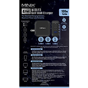 MINIX NEO P3 100W Turbo 4-Ports GaN Wall Charger, 3 x USB-C Port Fast Charging Adapter(Max 100W/20W), 1 USB-A (Max 18W). Compatible with MacBook Pro Air, iPad Pro, iPhone 13,12,Galaxy S9 and More.