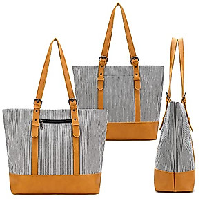 Women Lightweight Canvas Tote Purses for Work Everyday with Zipper Pockets Striped Shoulder Handbag