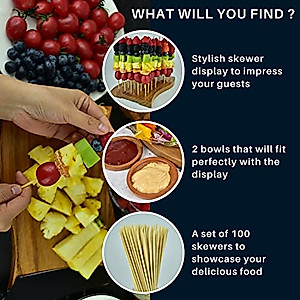 Skewer Holder – Chic Food Display Stands for Party – Ash Wood Pick Board for Parties, Events, BBQs - Food Skewers Board with 2 Ash Bowls and 100pcs Skewers – 11.4 x 7.5 x 0.8-inch