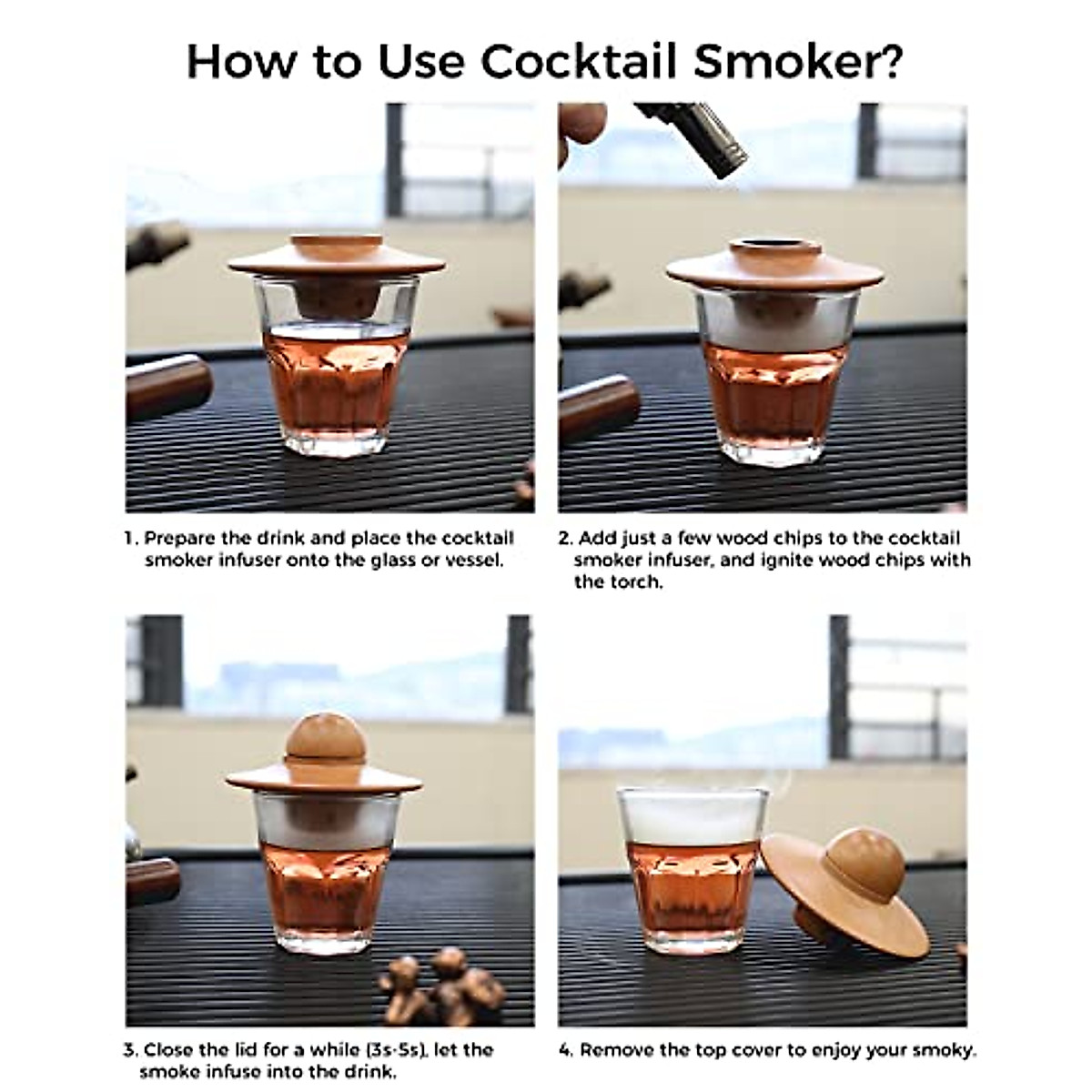Whiskey Cocktail Smoker Kit with Torch - Beaisme Bourbon Drink Smoker Kit Old Fashioned Drink Infuser Kit with 4 Flavors Wood Chips Festival Gifts for Friends Husband Dad (No Butane)