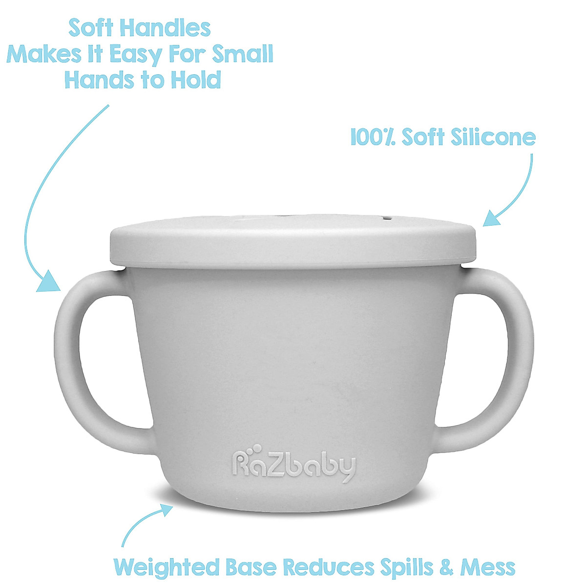 RAZBABY Oso-Snack 100% Silicone Snack Cup, 6M+, Spill-Proof Food Container w/Weighted Bottom, Easy to Hold for Baby & Toddler, Removable Lid, Easy to Clean, BPA-Free, Dishwasher Safe – Grey