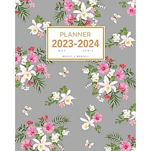 Planner May 2023-2024 April: 8x10 Weekly and Monthly Organizer Large | Tropical Orchid Butterfly Design Gray