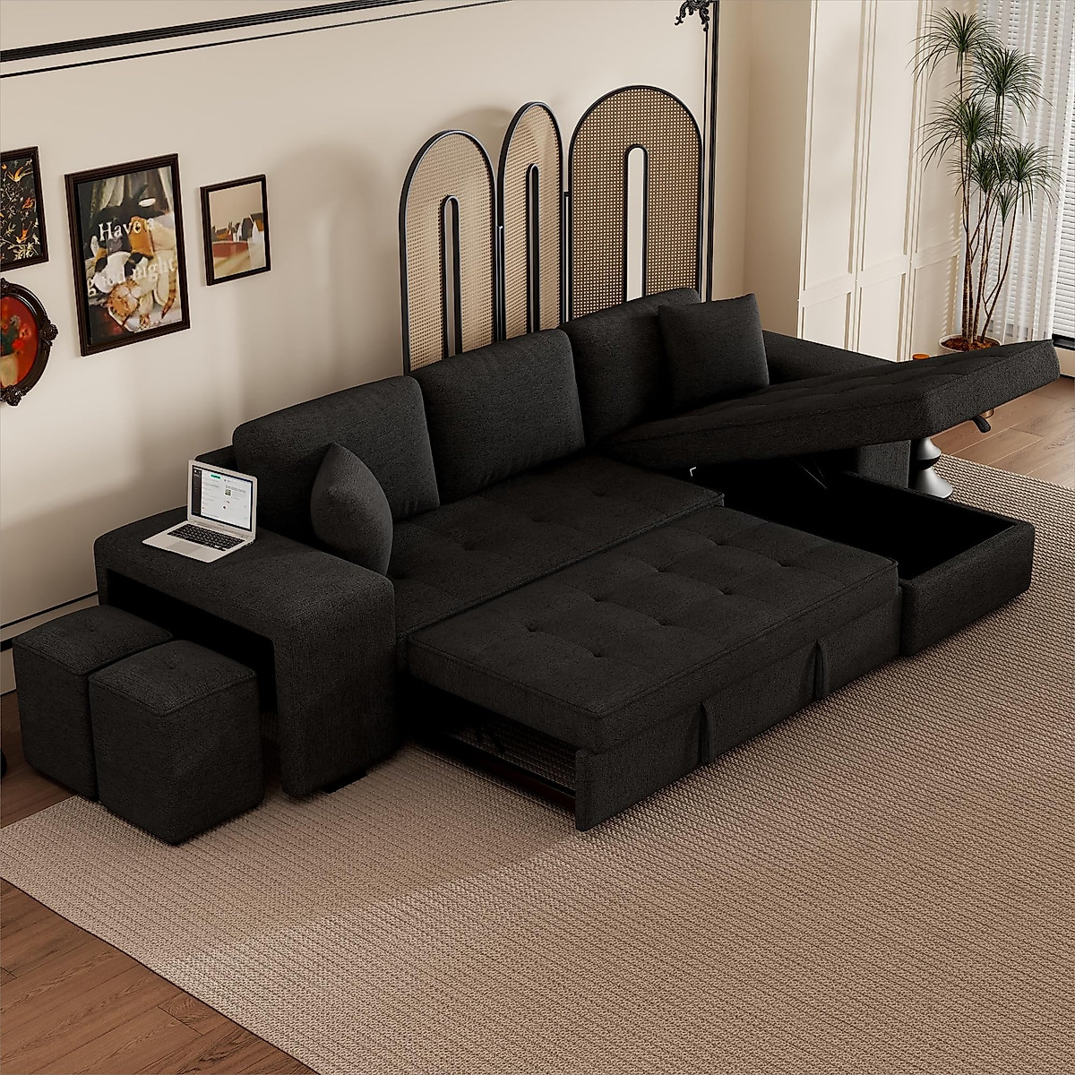 Merax 3 Seat Reversible Sectional Couch, Modern L-Shape Pull Out Sleeper Sofa with Storage Chaise and 2 Stools for Living Room Furniture Set, Gray