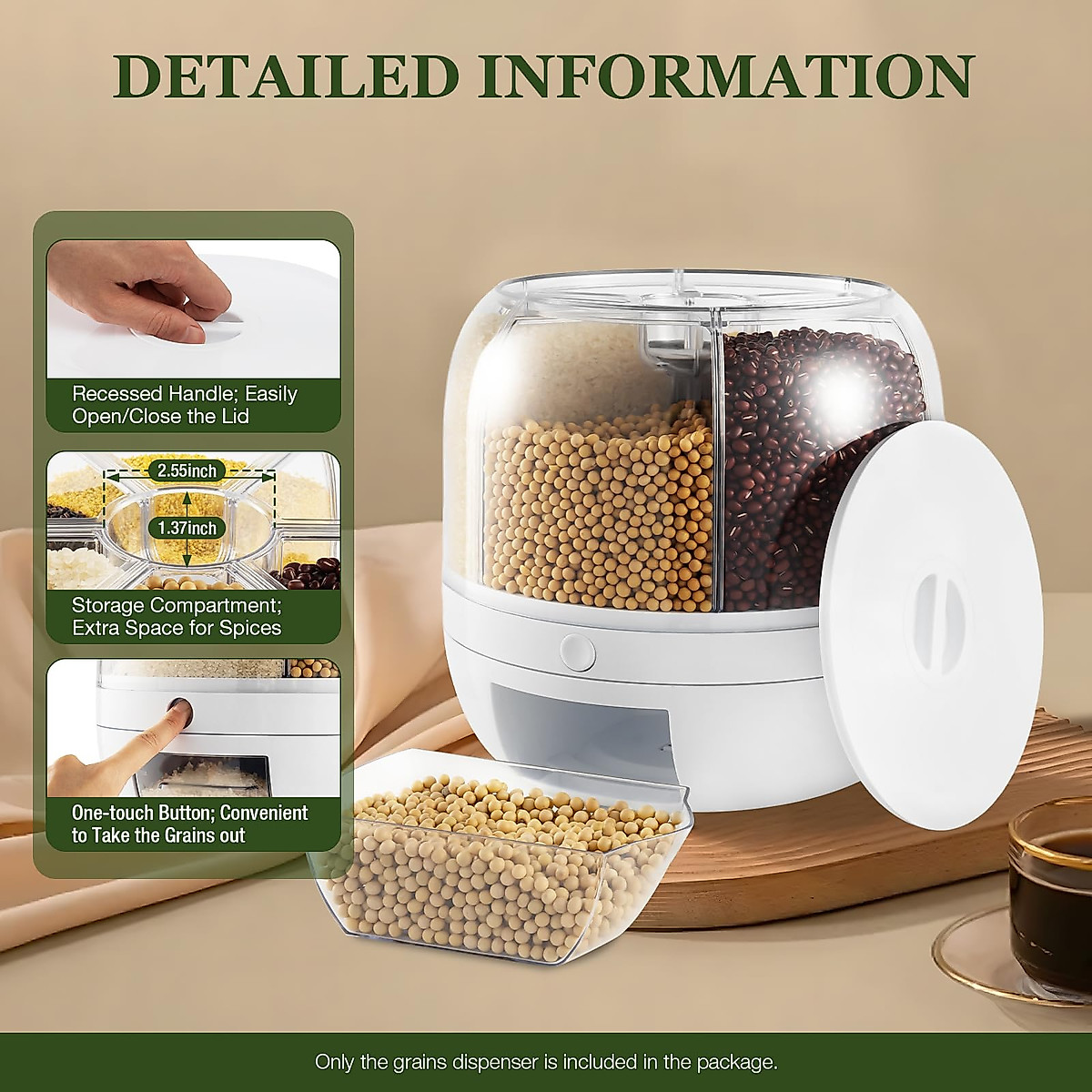 Kaichenyt 6-Grid Cereal Grain Dispenser, Rice&Dry Food Round Storage Box, 360° Rotating Grain Container, Grain Transparent Bucket for Peanut, Barley, Millet, Cereal, Nuts, Beans, Coffee, Etc