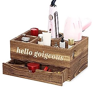 sitanes Hair Tool Organizer, Farmhouse Hair Dryer & Styling Supplies Holder Countertop with Jewelry Storage Drawer, Wooden Blow Dryer Holder with 2 Heatproof Cups, Curling & Flat Iron Holder
