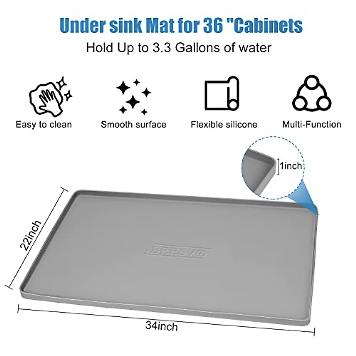 BEESVO Under Sink Mat Kitchen & Bathroom Cabinet Liner, 34" x 22" Silicone Waterproof Under Sink Drip Tray, Hold up to 3.3 Gallons Liquid, Cool Grey