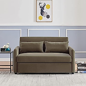 Melpomene 57" W Pull Out Sofa Bed, Convertible Sectional Futon Sofa Couch, Compact Soft Velvet Sofa Bed with 2 Lumbar Pillows and Side Pocket, for Living Room Apartment.(Light Brown)
