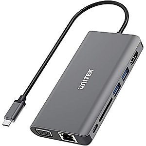 UNITEK Hub USB-C with Power Delivery, HDMI v.1.4 4K@30Hz, Ethernet/Internet Connection, 2 x USB 3.0, USB C with PD 100 W, 20 V/5 A, SD Card Reader, 3.5 mm Audio Connection, Aluminium, Grey